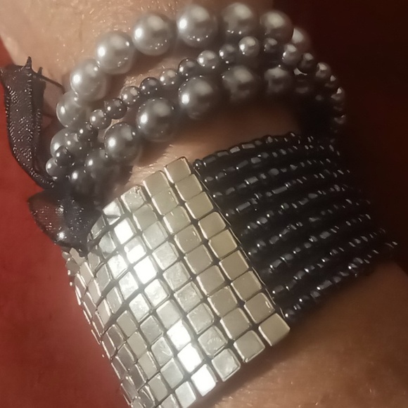 Rmn | Jewelry | Rmn Blue Silver Seed Bead Cuff Bracelet Silver Faux ...